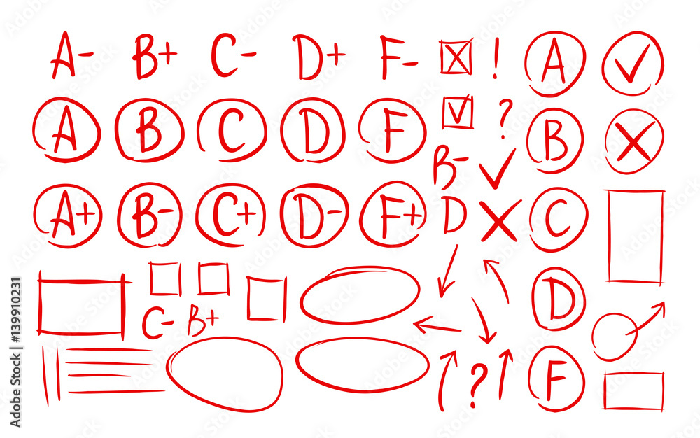 Hand drawn grade results, check marks set of icons. School, education ...
