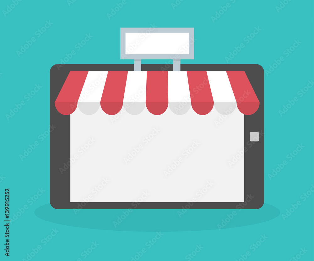 Tablet icon with store roof or stripped awning and advertising board on ...