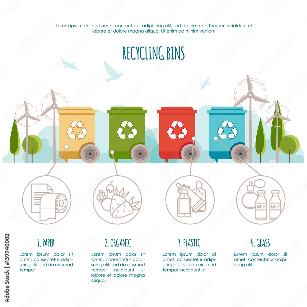 Recycle bins infographic. Waste management and recycle concept. Colored bins with waste types ...