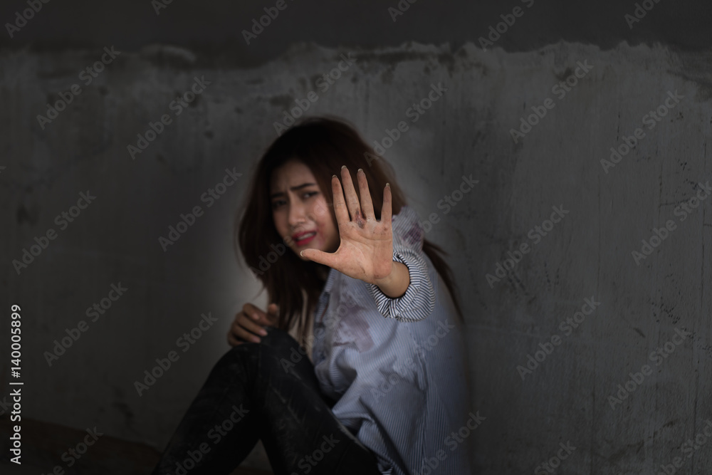 Staged photo of Asian female model in expressive posture, hand up ...