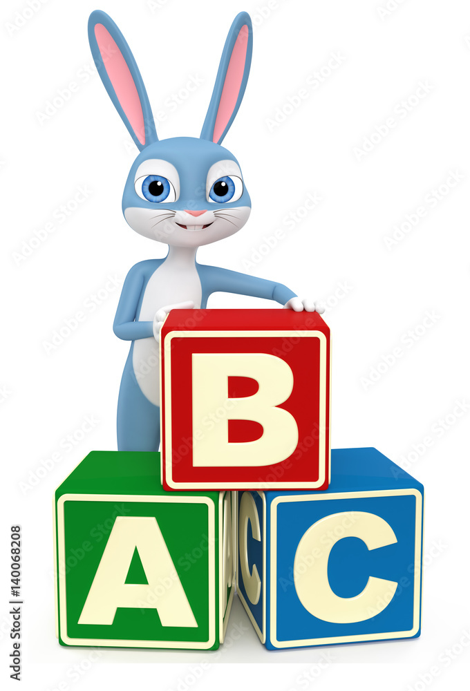Cheerful rabbit isolated on a white background with alphabet cubes. 3d ...