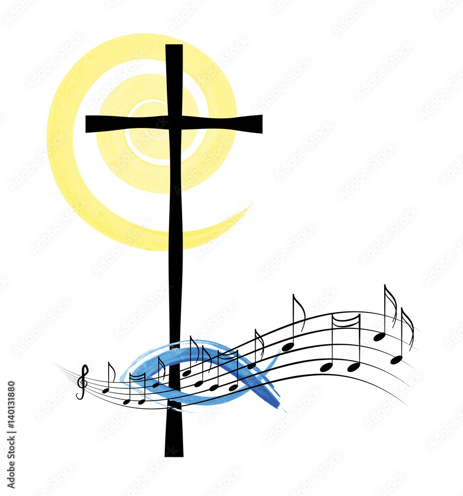 Musical notes with a cross, abstract religious christian music or hymn ...