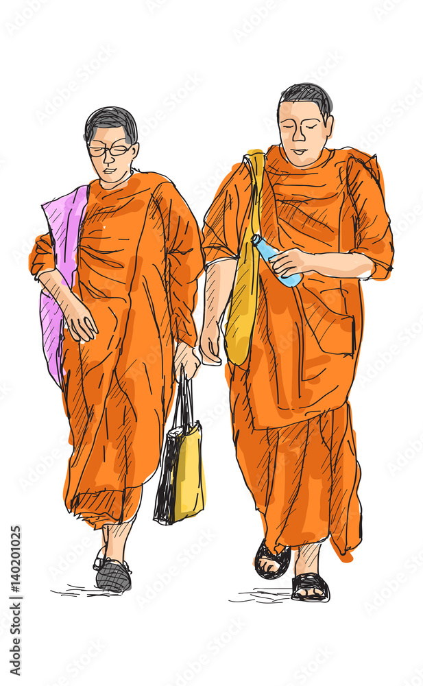buddhist monks praying at temple in Chiangmai, Thailand, sketch free ...
