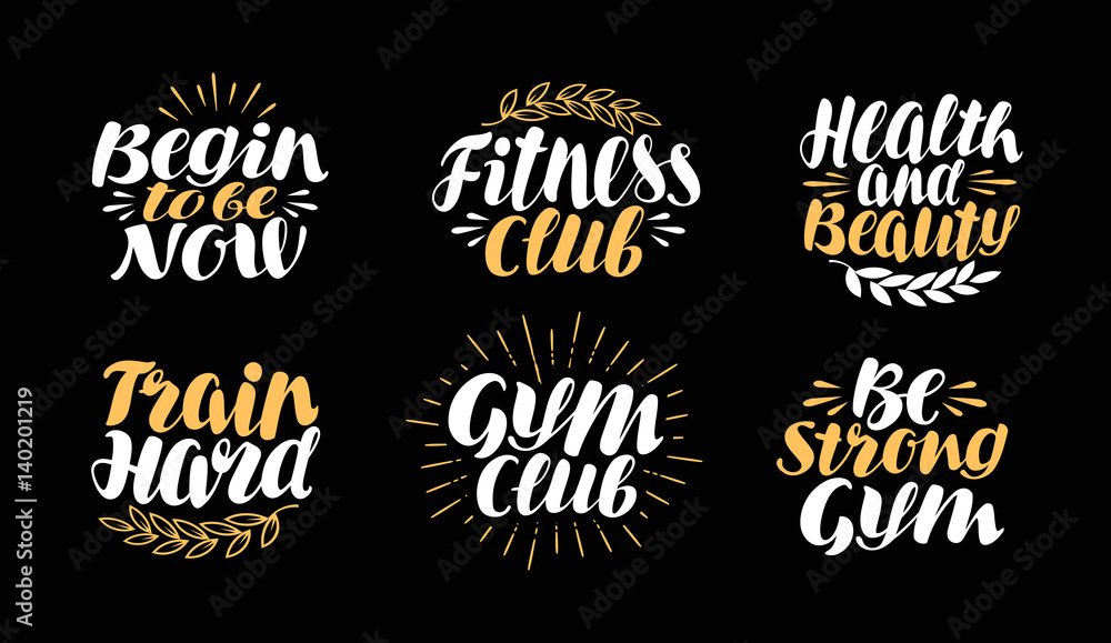 Fitness, gym, bodybuilding label. Sport symbol set. Lettering ...