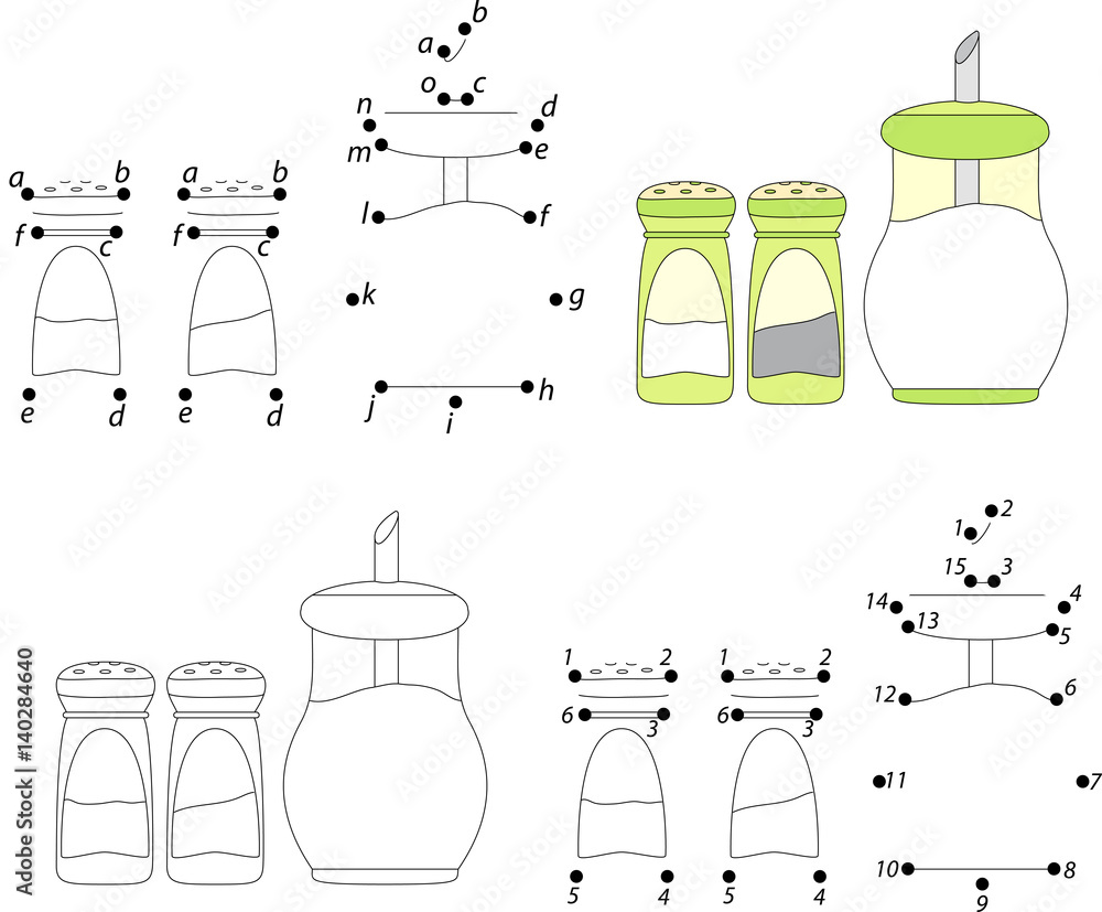 Cartoon sugar, pepper and salt. Coloring book and dot to dot game for ...