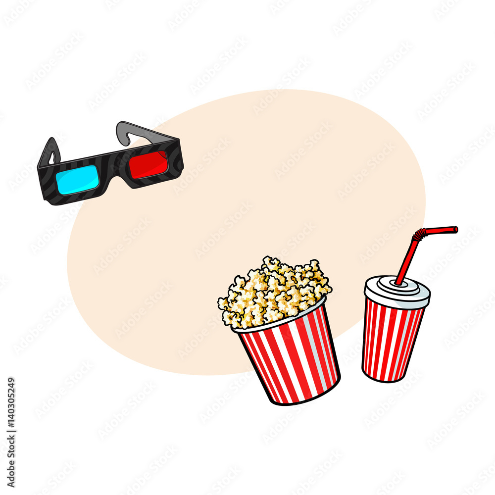 Cinema objects - popcorn bucket, 3d glasses and soda water in paper cup ...
