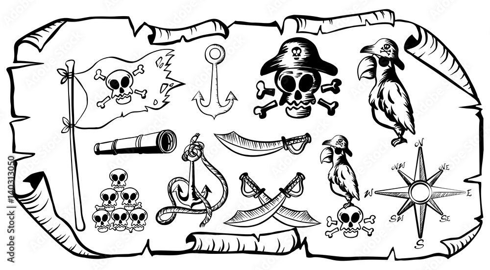 Treasure map with pirate symbols Stock Vector | Adobe Stock