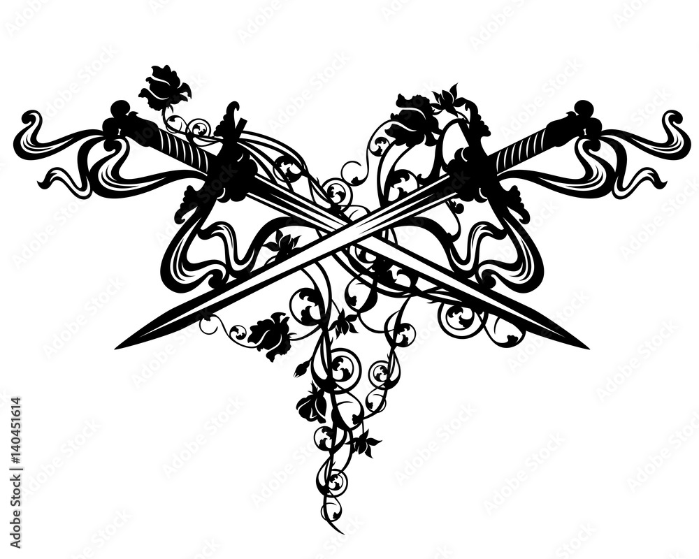 crossed swords among rose flowers vector design Stock Vector | Adobe Stock