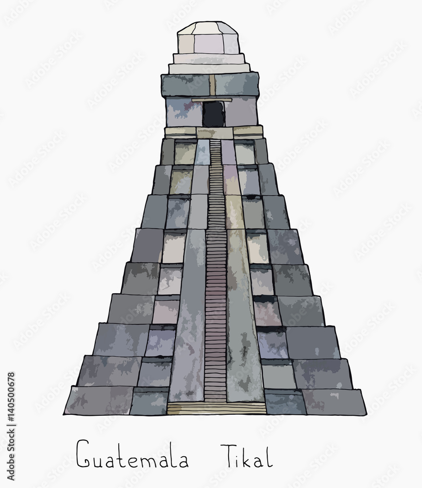 Hand drawn architecture sketch illustration of Guatemala Tikal Mayan ...