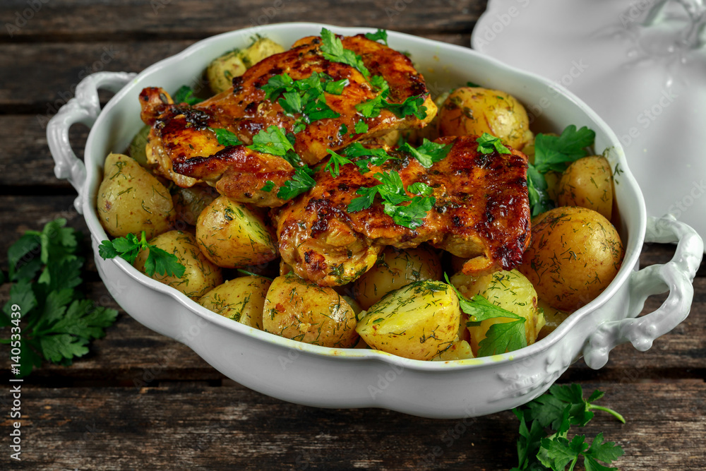 New boiled potatoes with dill and butter served with baked skinless ...