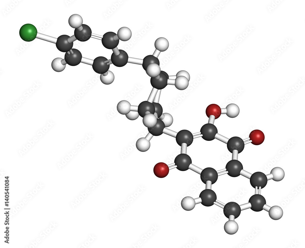 Atovaquone drug molecule. 3D rendering. Atoms are represented as ...