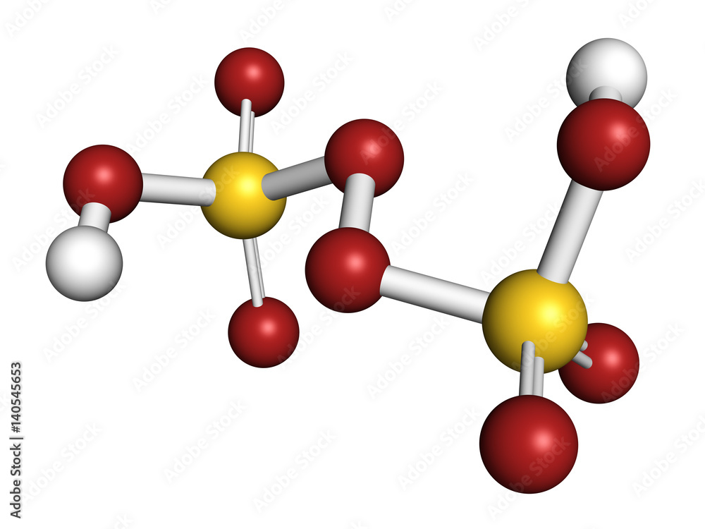 Peroxydisulfuric acid oxidizing agent molecule. 3D rendering. Atoms are ...