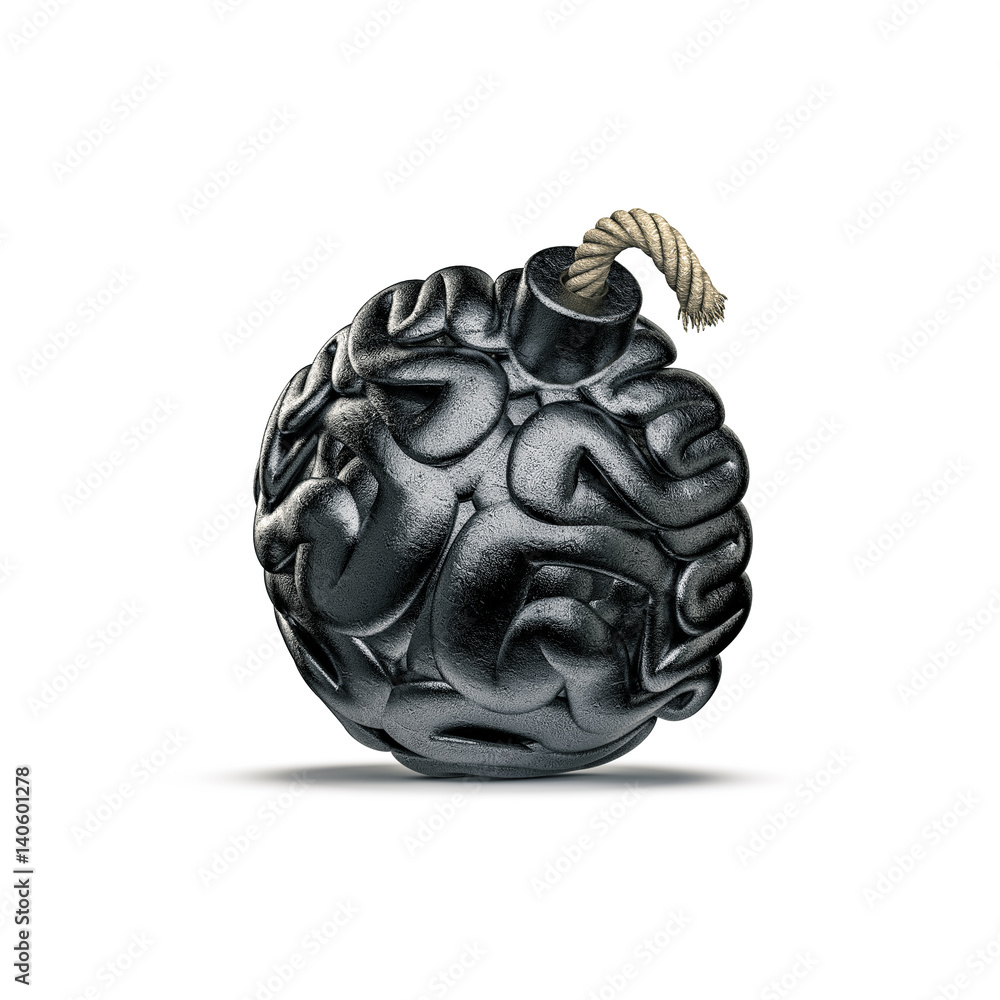 Brain bomb concept / 3D illustration of metal bomb with fuse shaped ...