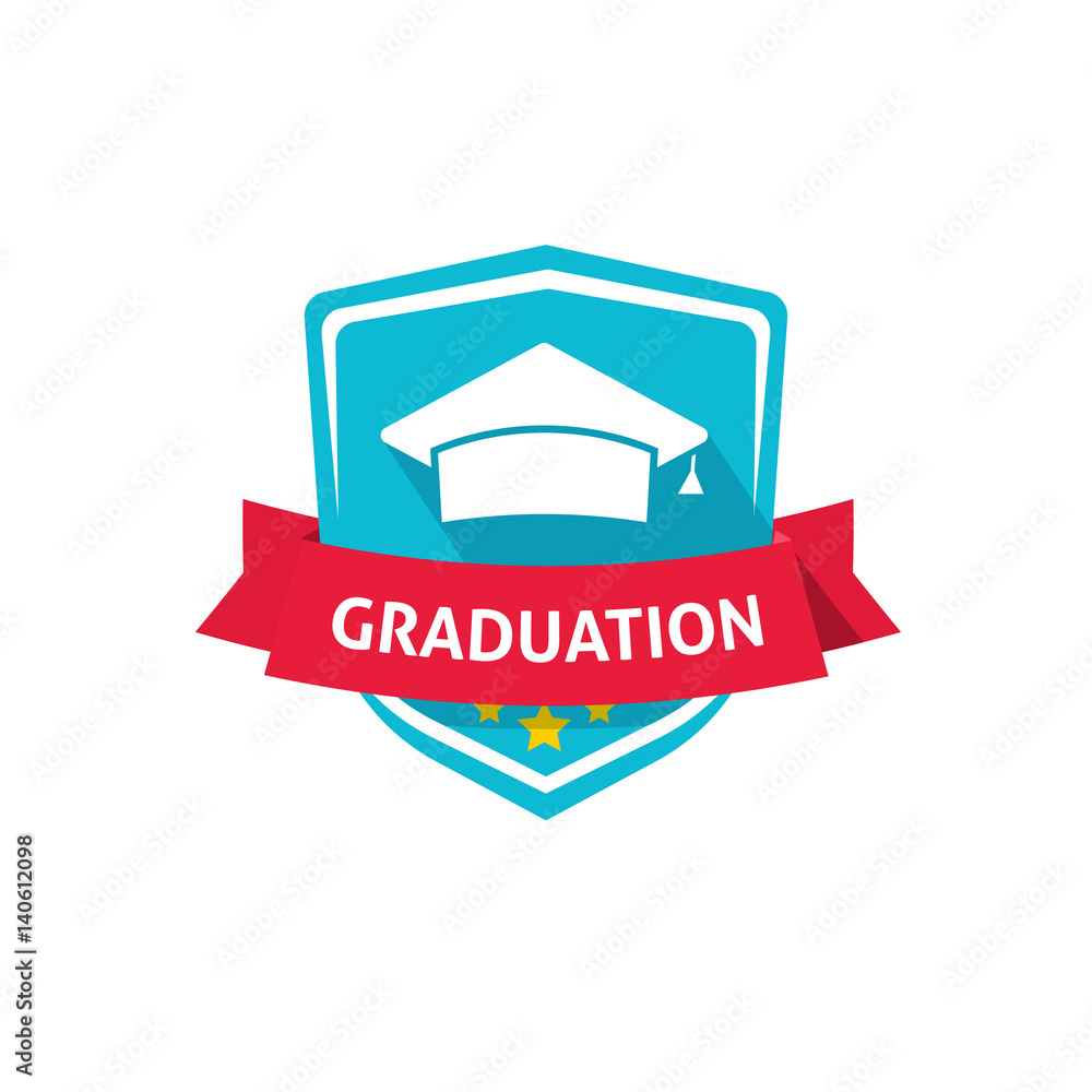 Graduation emblem vector illustration, flat style academy hat with red ...