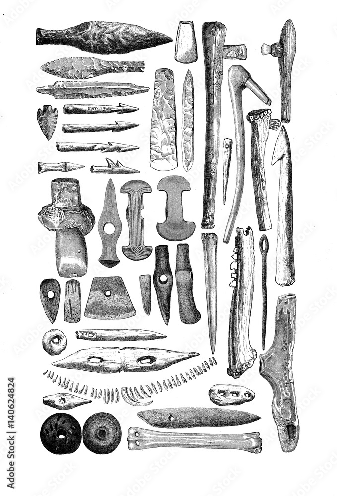 Engraving reproducing artifacts, weapons and tools made of bone and ...