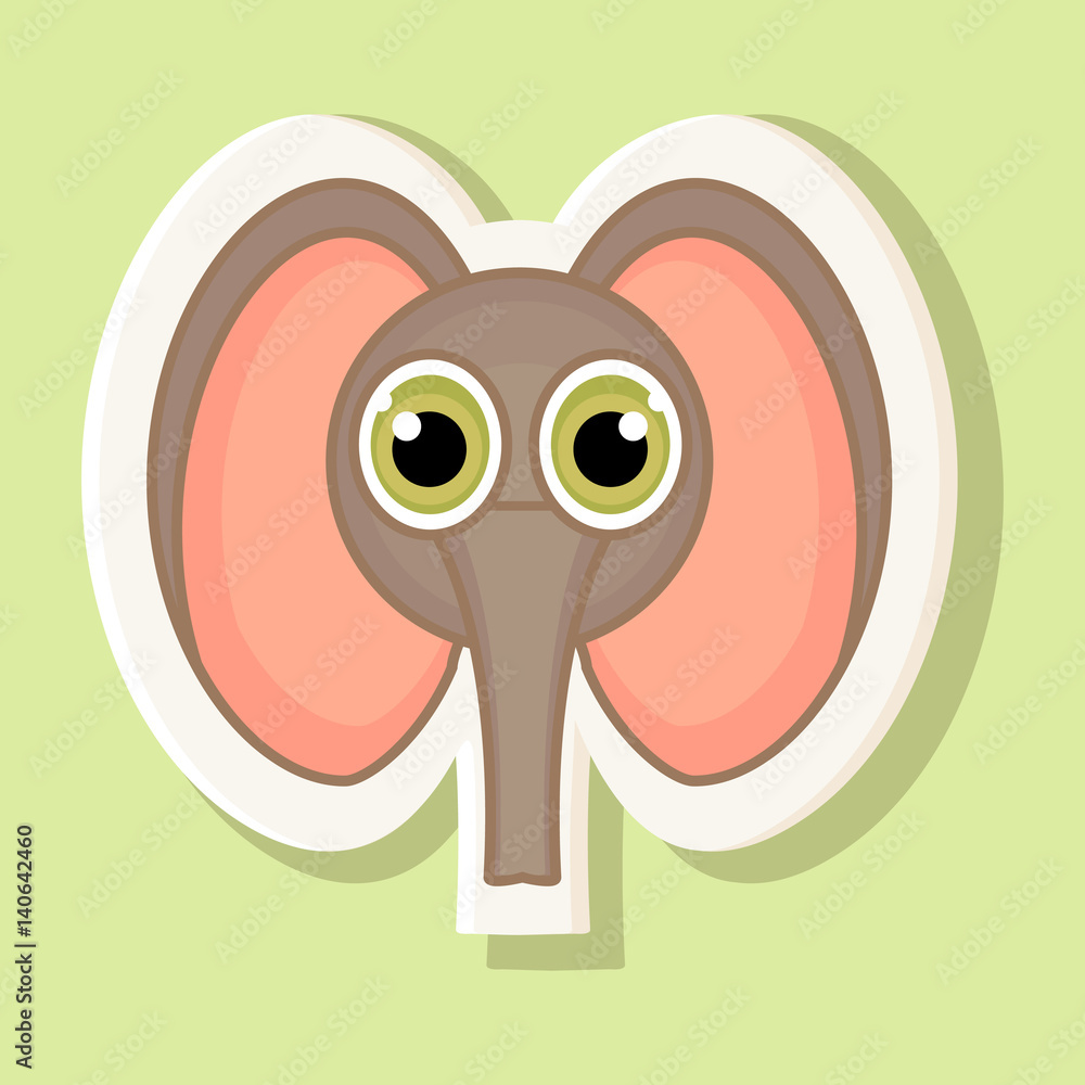 Sticker with an elephant's face in cartoon style is isolated on a ...