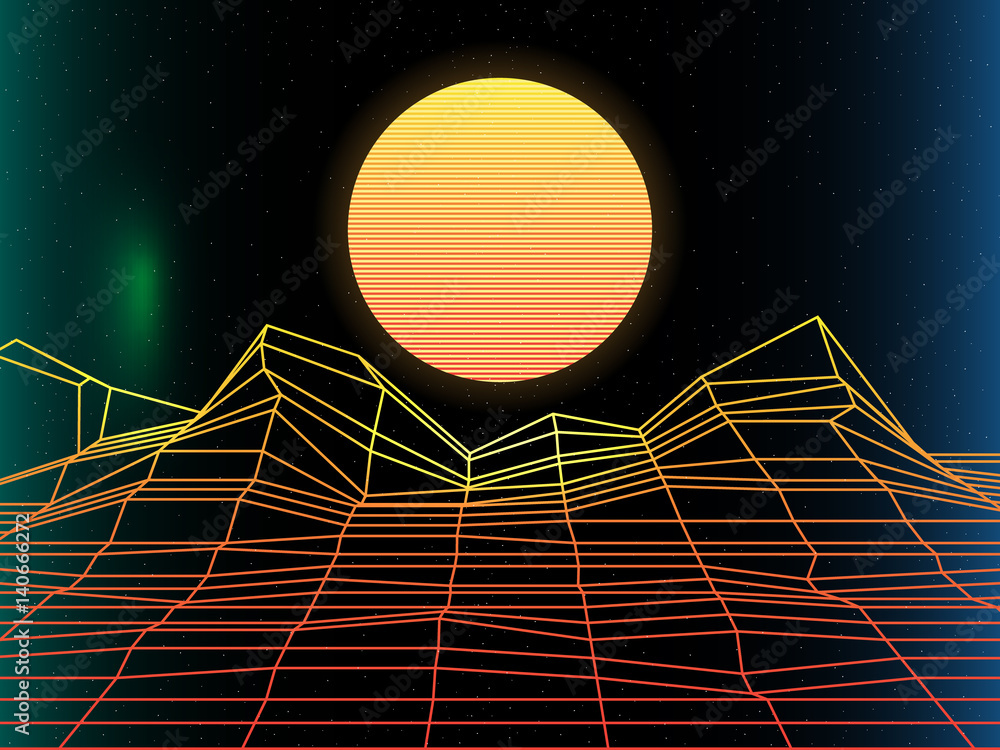 Sun, bright, synth pop light grid background. Vector Retro background ...