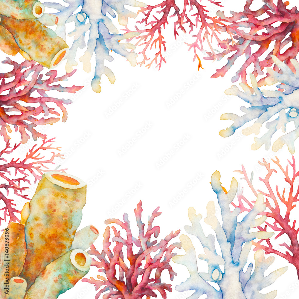 Watercolor coral frame illustration. Hand drawn isolated card design ...
