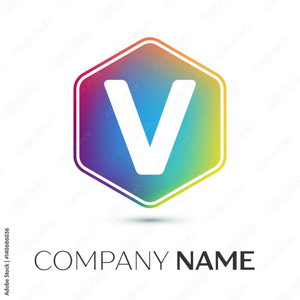 Letter V vector logo symbol in the colorful hexagonal on grey ...