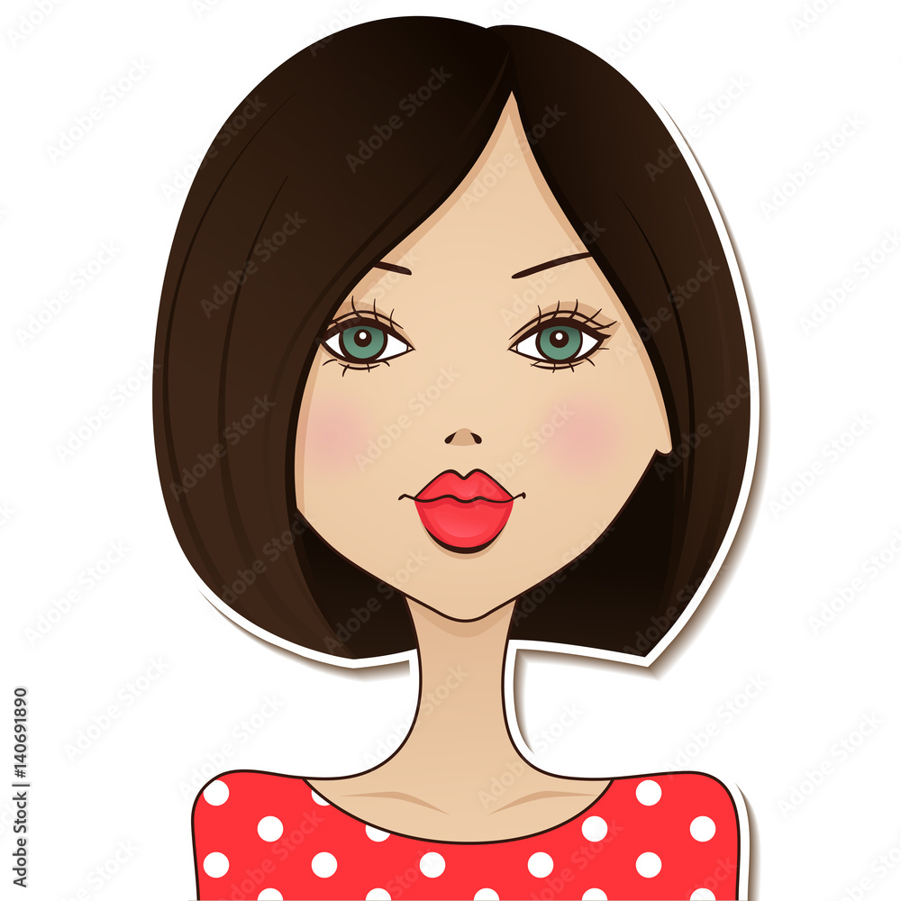Cute vector girl avatar icon. Happy woman with red lips. Pretty lady ...