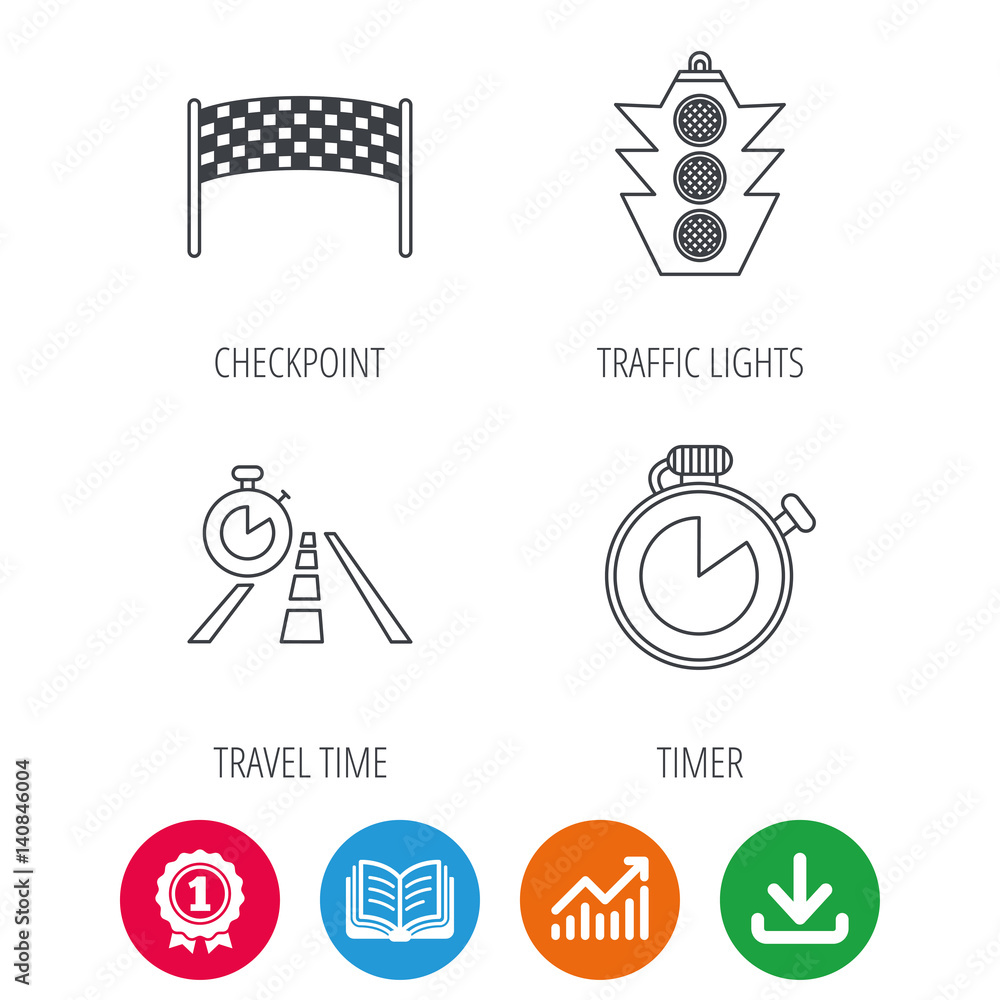 Checkpoint, traffic lights and timer icons. Travel time, road linear ...