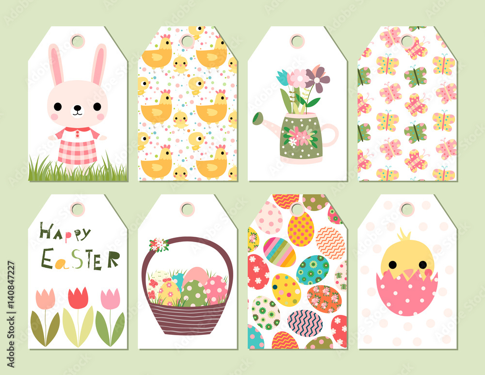 Vector set of Happy Easter and spring cute gift tags or cards with ...