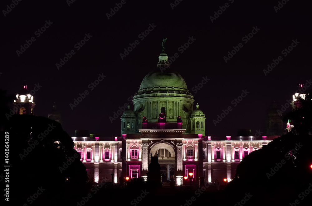 Victoria Memorial Hall, Kolkata, India in a night. The building is ...