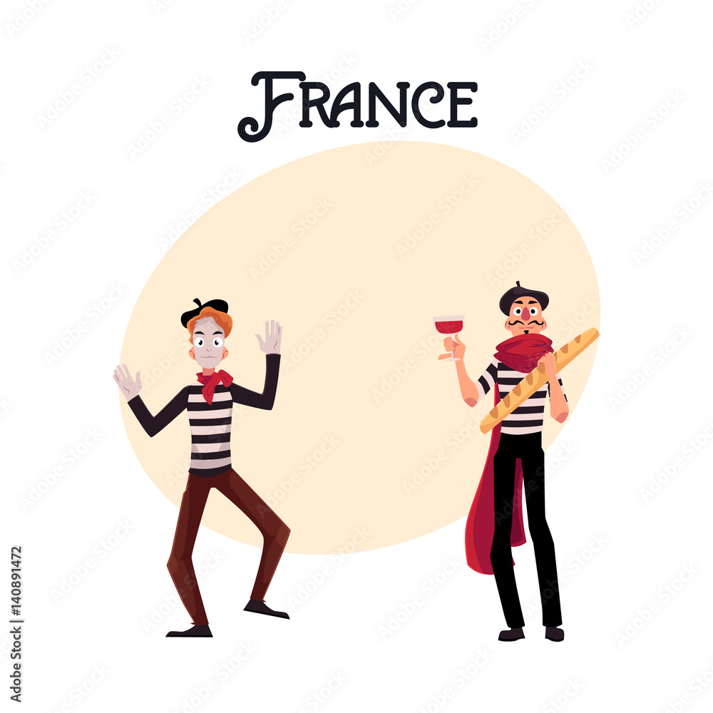 Two French mimes in traditional costumes, wine and baguette as symbols ...