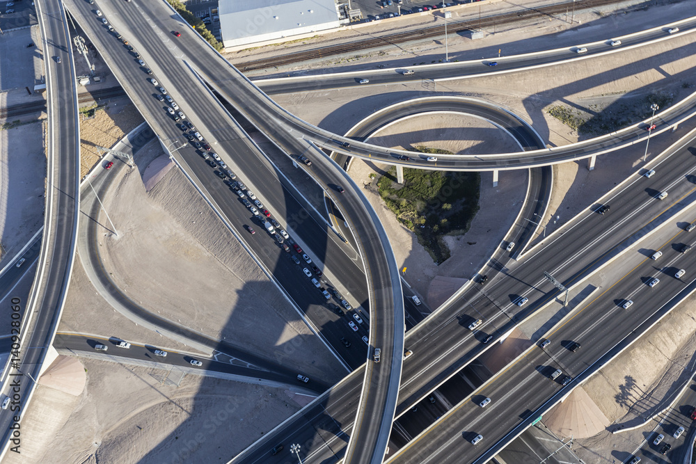 Aerial view of downtown Las Vegas interstate 15 freeway interchange ...