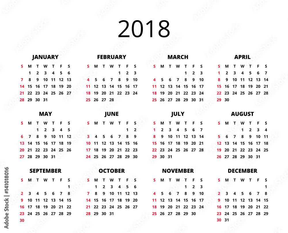 เวกเตอร์ Stock 2018 year Calendar. Horizontal album orientation vector ...