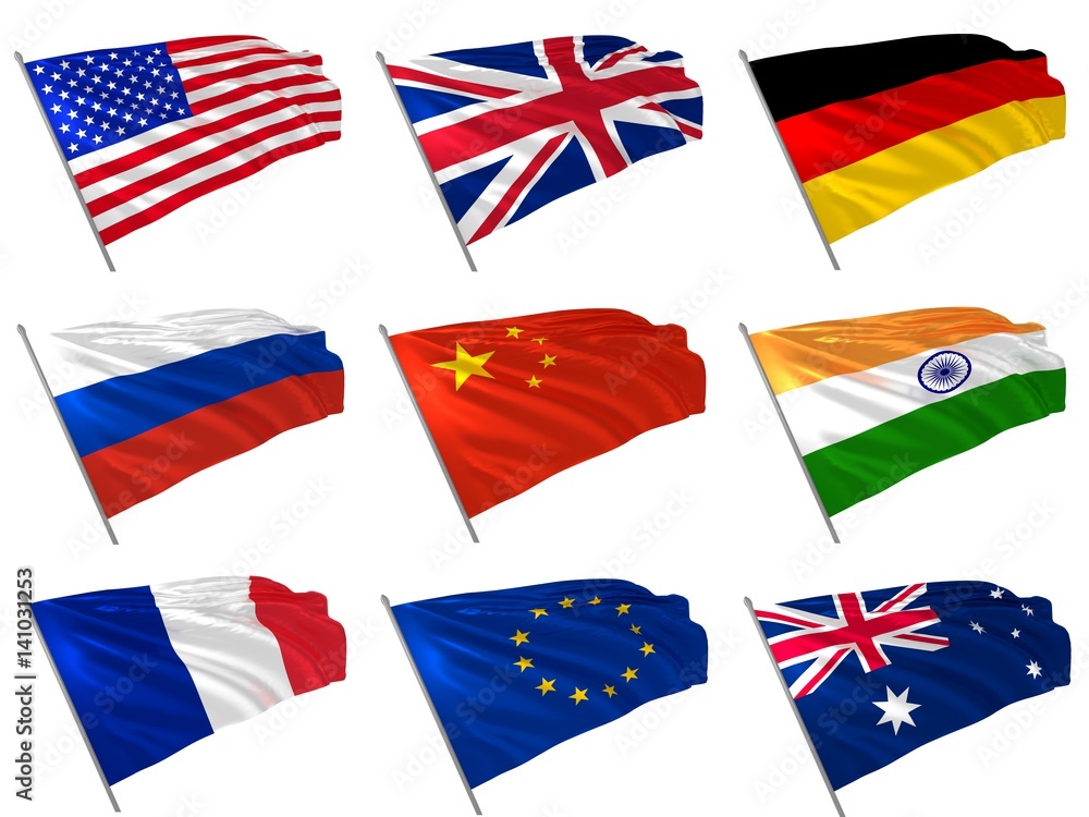 3d illustration of flag set of USA, UK, Germany, Russia, China, India ...