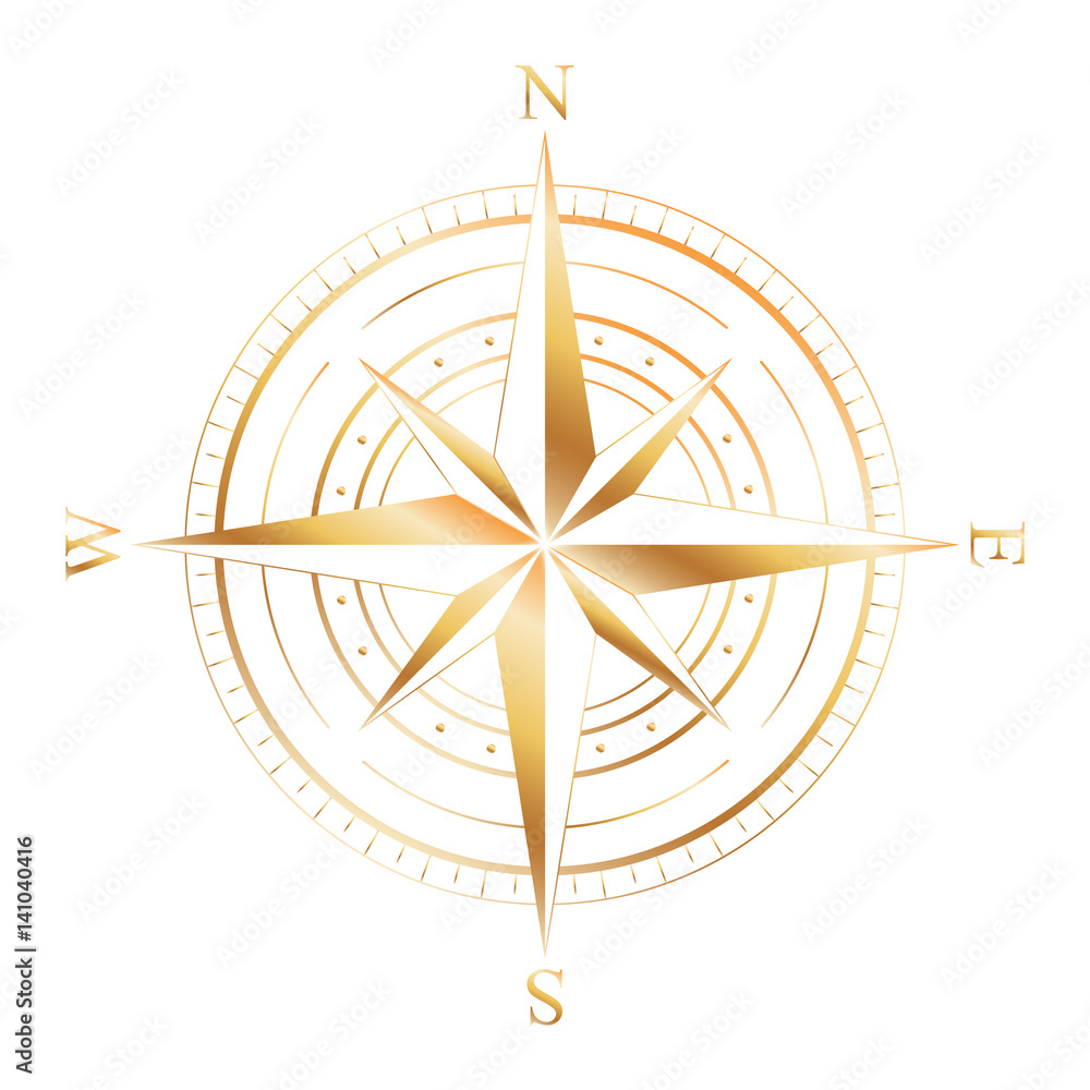 Gold wind rose compass isolated on white. Gold glitter sparkle. Compass ...