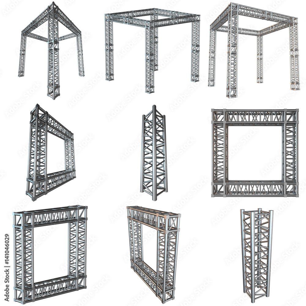 Steel truss girder rooftop frame construction set. 3d render isolated ...