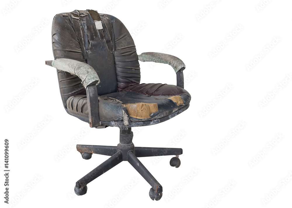 Black Office chair old damage leather and dirty isolated on white ...