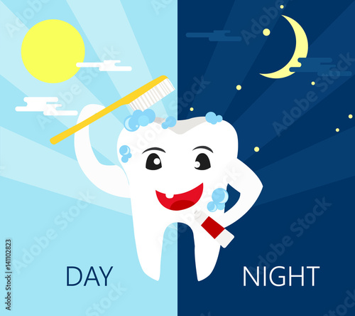 time to tooth toothbrush himself cartoon character at day and night ...