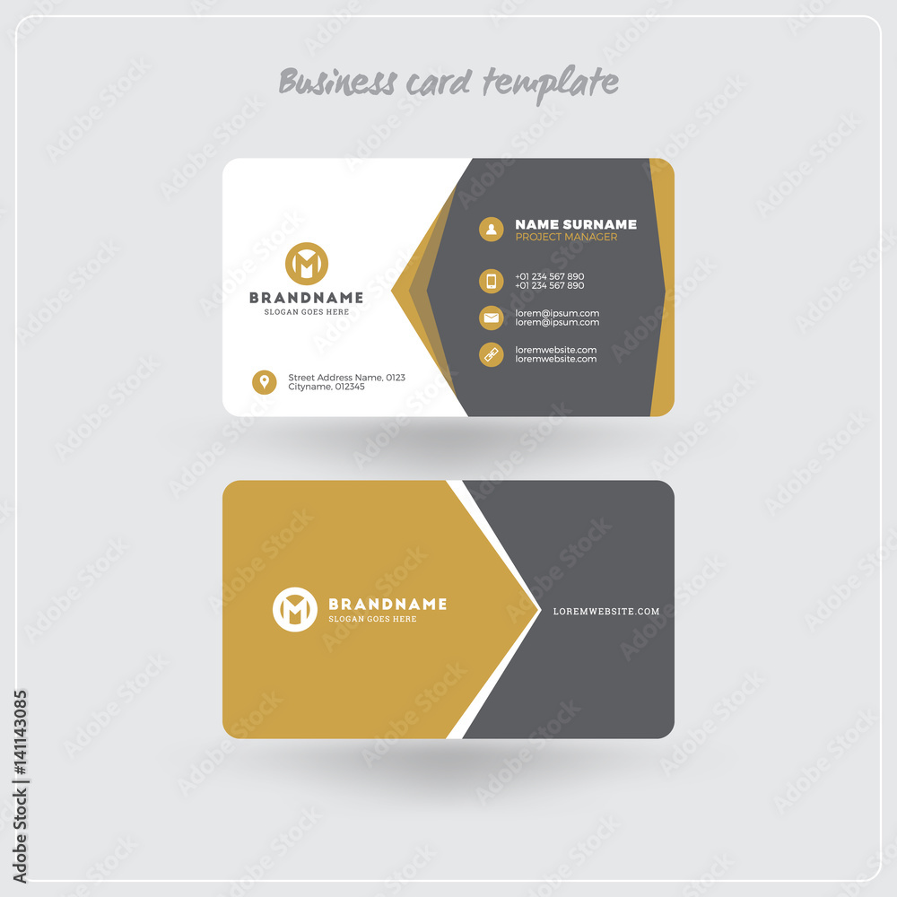 Golden and Gray Business Card Print Template. Personal Visiting Card with Company Logo. Clean ...