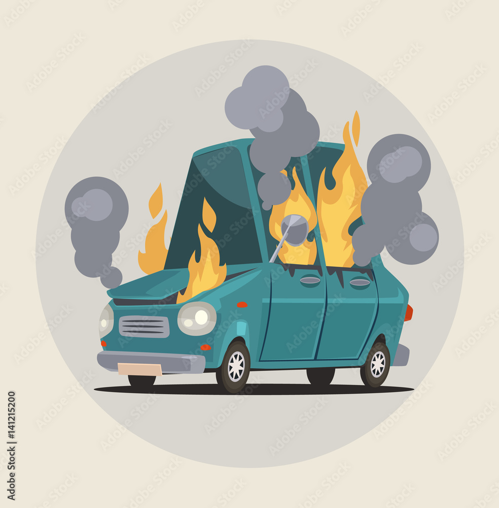 Burning car. Transportation accident. Vector flat cartoon illustration ...