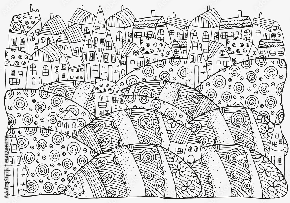Pattern for coloring book with houses. Stock Vector | Adobe Stock