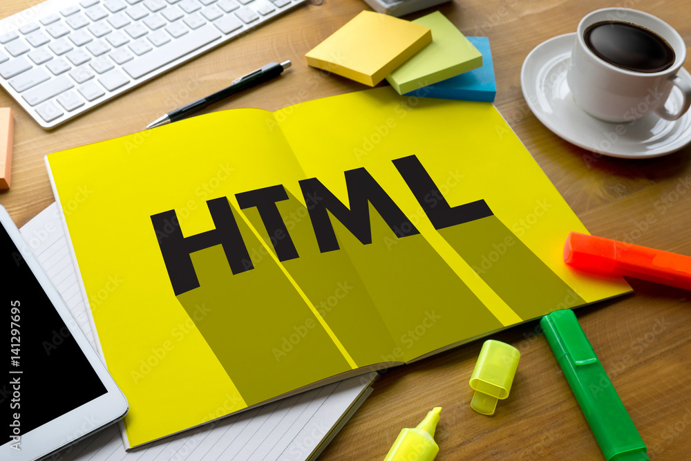 Stock-Foto „Learn HTML, web development and web design, Trendy long shadow flat design and HTML ...