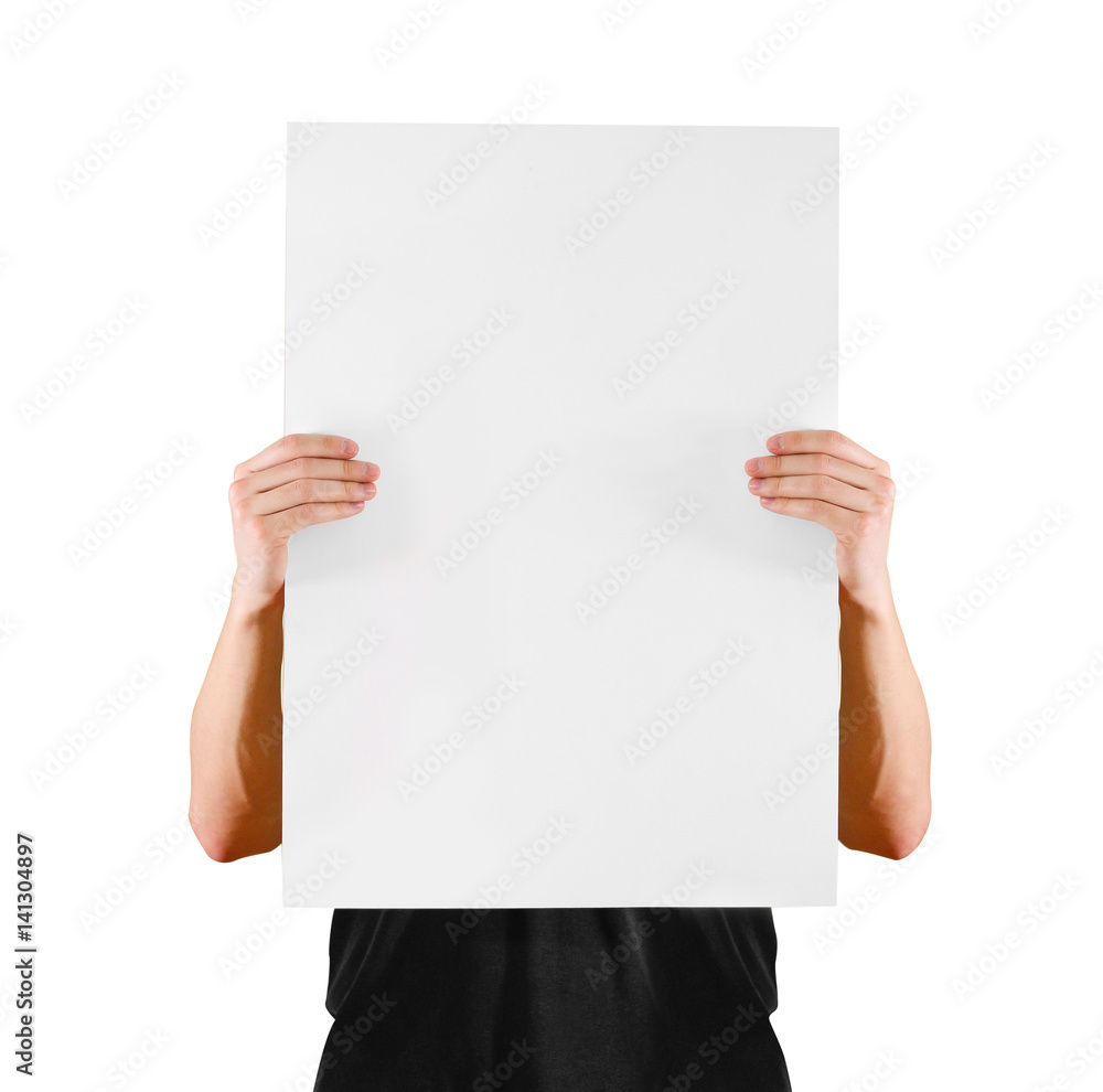 Man showing blank white big A2 paper, covers the face. Leaflet ...