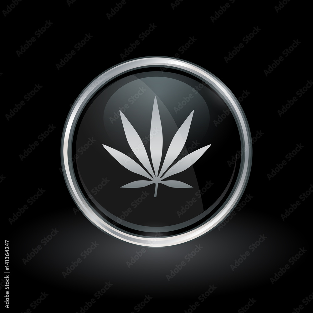 Cannabis symbol with Marijuana leaf icon inside round chrome silver and ...