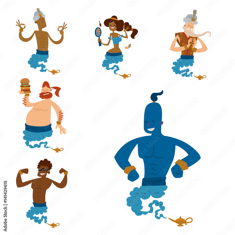 Cartoon genie character magic lamp vector illustration treasure aladdin miracle djinn coming out ...