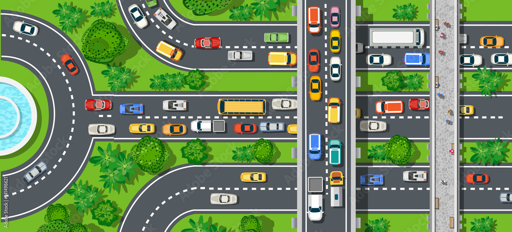 Top view of city map. Crossroads of urban streets with traffic ...