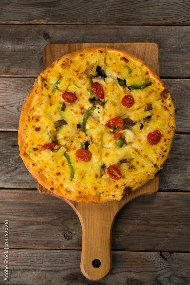 pizza top view in rustic setting Stock Photo | Adobe Stock