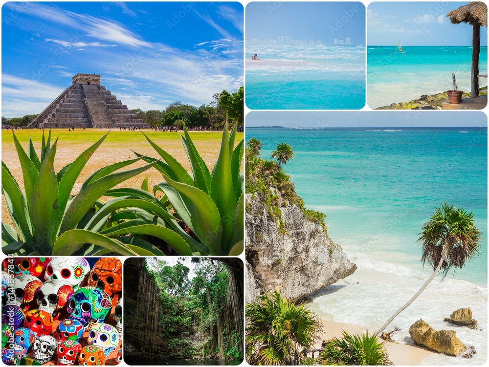Riviera Maya Views Collage. Pyramid in Chichen Itza, Tulum, Cancun ...