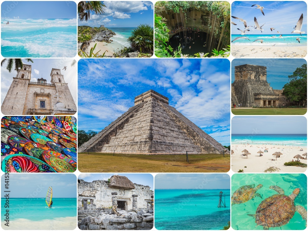 Riviera Maya Views Collage. Pyramid in Chichen Itza, Tulum, Cancun ...
