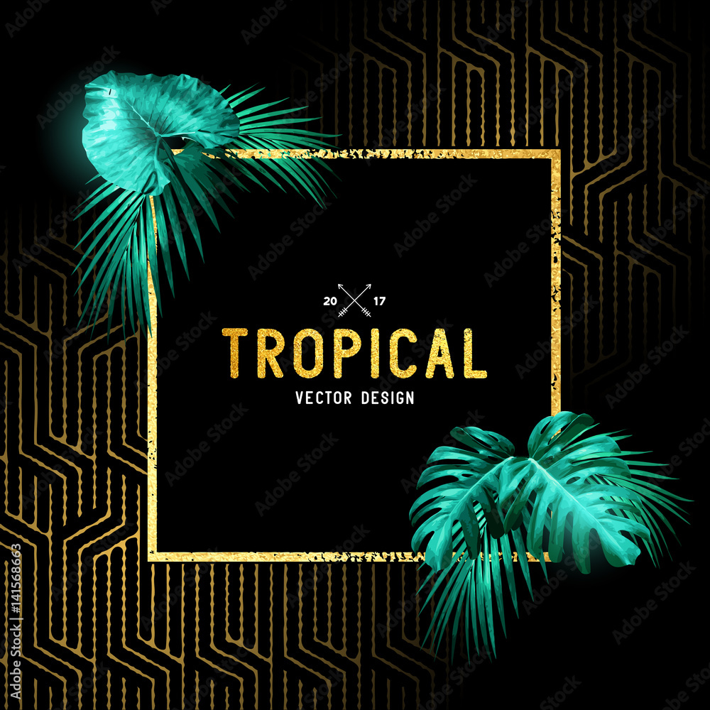 Vintage tropical border design with palm leaves and gold detail. Vector ...