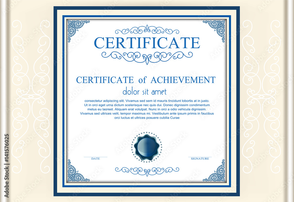 Horizontal certificate of completion template with background , blue ...