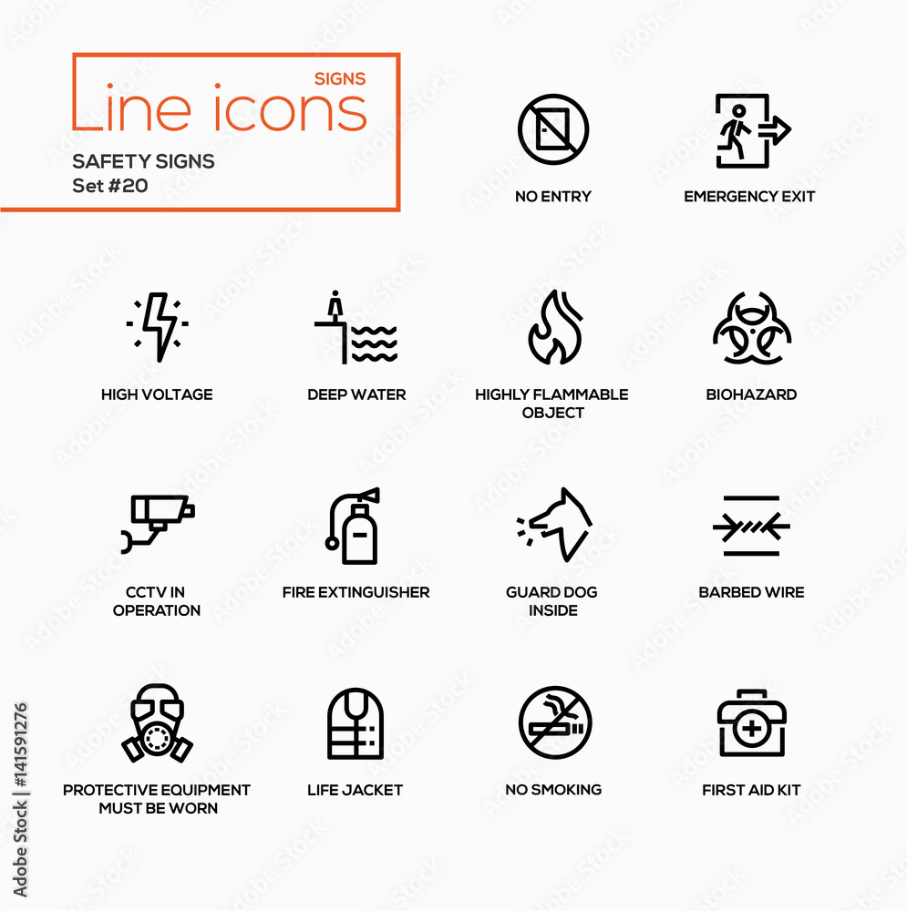 Safety Signs - modern vector single line icons set Stock Vector | Adobe ...