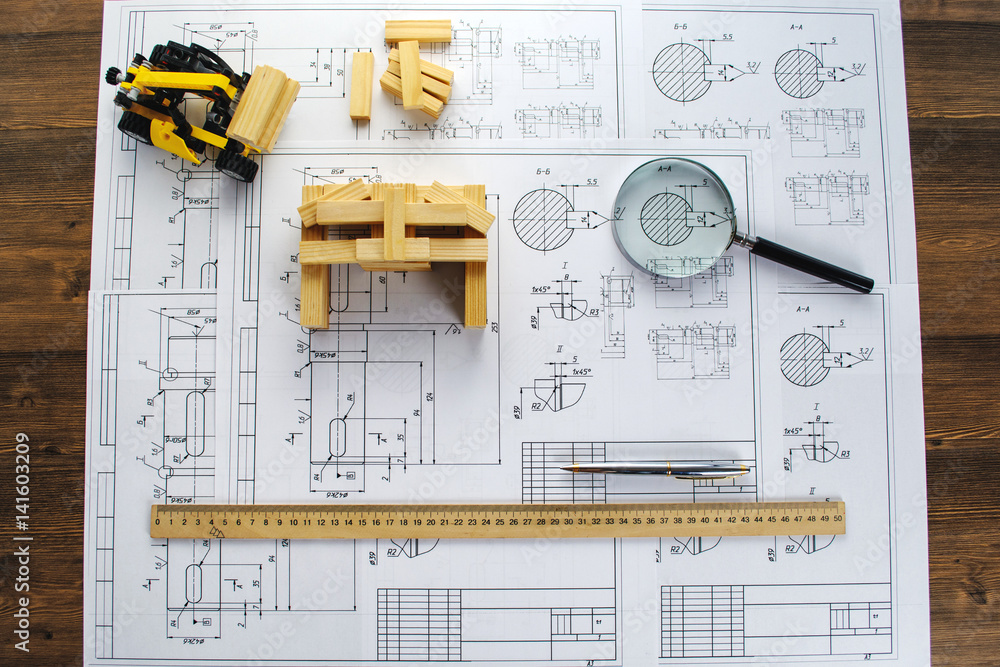 Architectural blueprints (drawings, ruler, pencil, layout, paper ...